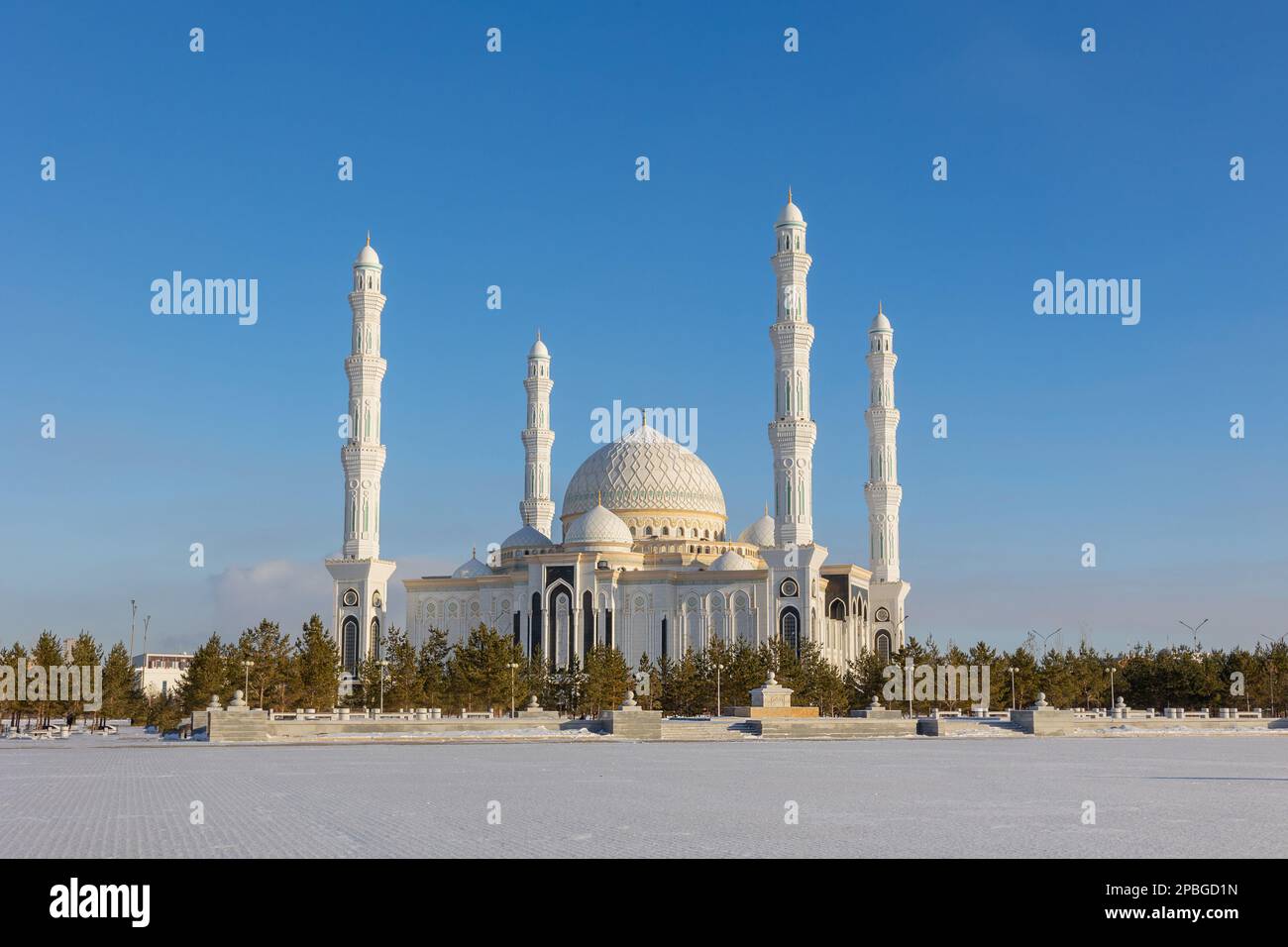 Panoramic view of snow-white modern Hazaret Sultan mosque sunny morning ...