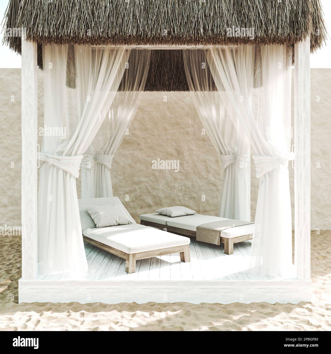 Large african bungalow with white curtains, wood and thatched roof on ...