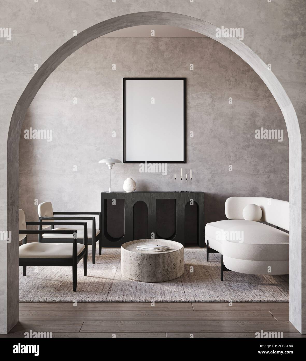 Interior of modern living room with wooden dresser, white sofa and coffee table. Gray mockup ...