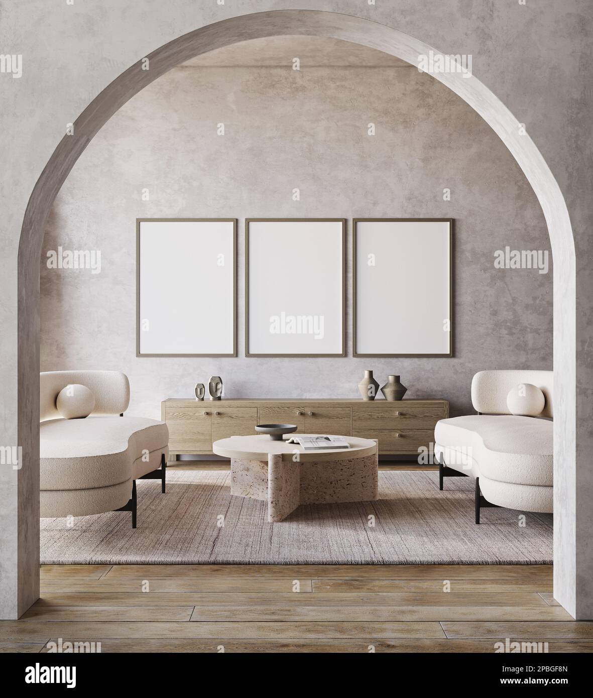 Interior of modern living room with wooden dresser, white sofa and coffee table. Gray mockup ...