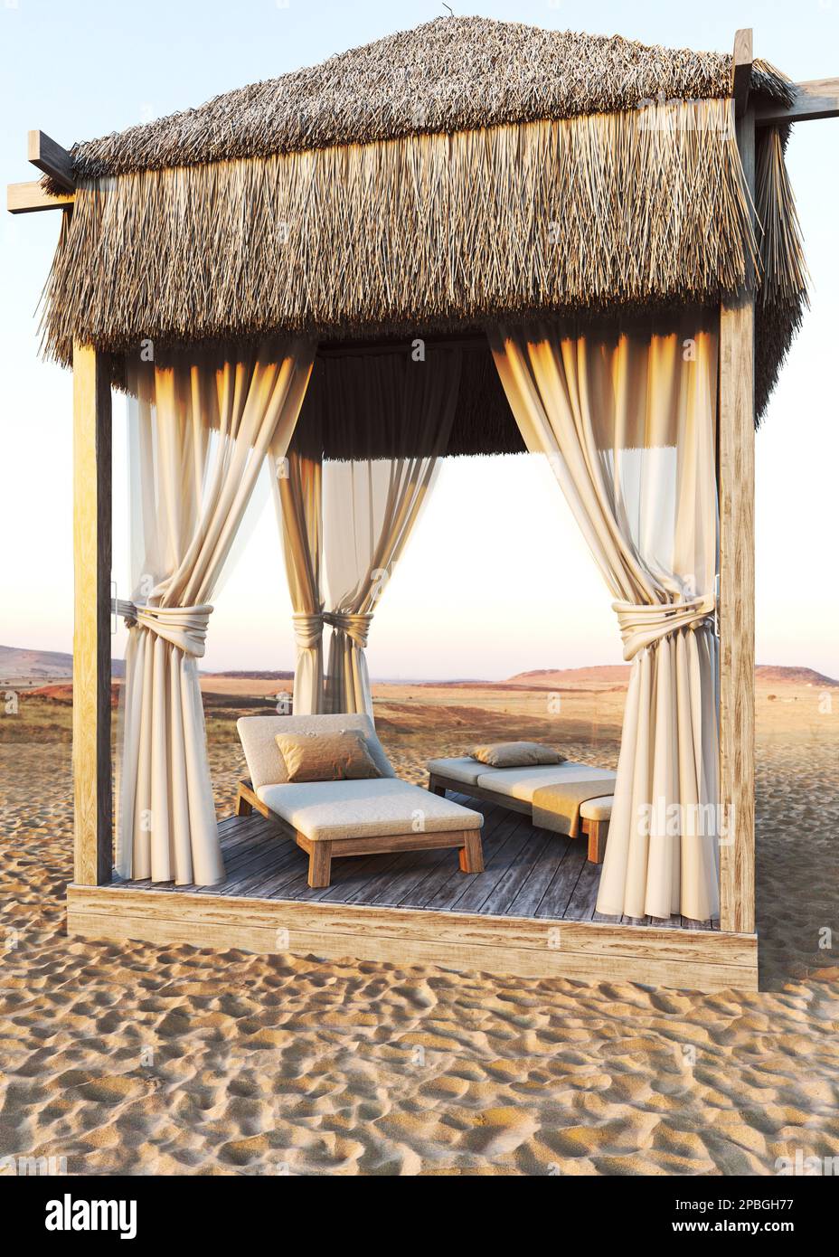 Sunset at the beach with beach bed and nature view. Large african ...