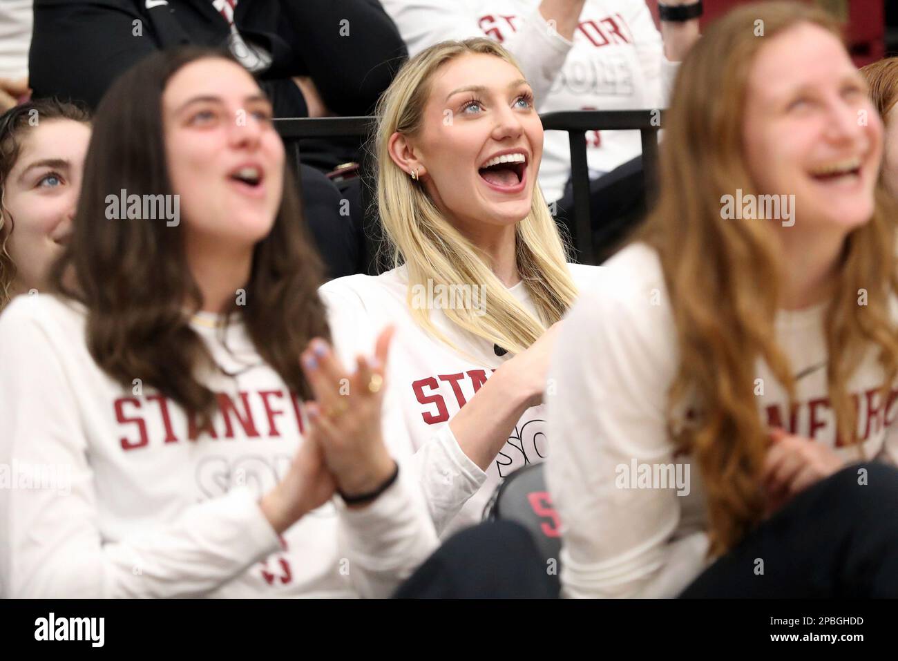 Stanford's Cameron Brink, center, reacts to her team's No. 1 seed during an NCAA college women's ...