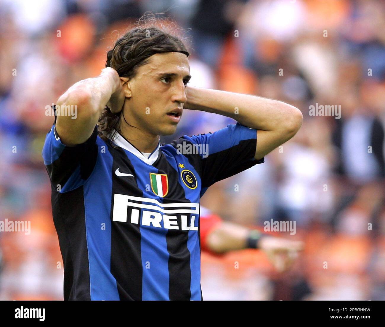 Inter Milan forward Hernan Crespo reacts after missing a chance to ...