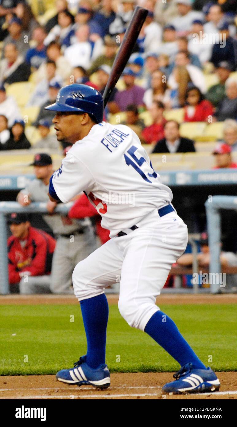 Los Angeles Dodgers' Rafael Furcal watches his double during the first ...