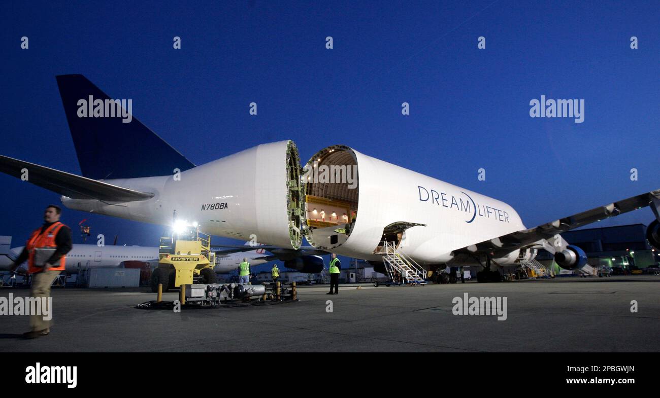 The tail of the super freighter "Dreamlifter" aircraft, carrying the ...