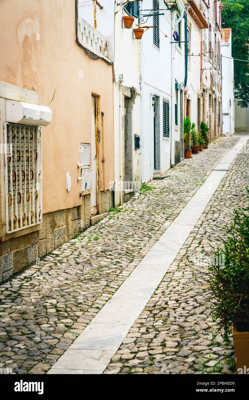 Pedestrian cobblestone street in Cascais, Portugal Stock Photo - Alamy