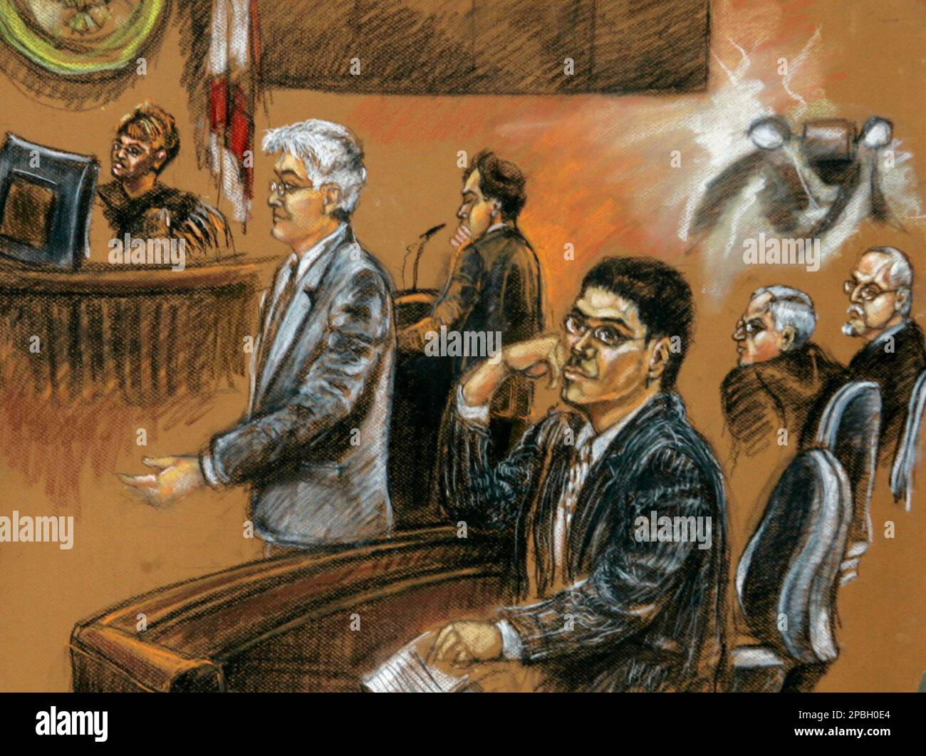 This courtroom drawing shows Assistant U.S. District Judge Marcia Cooke ...