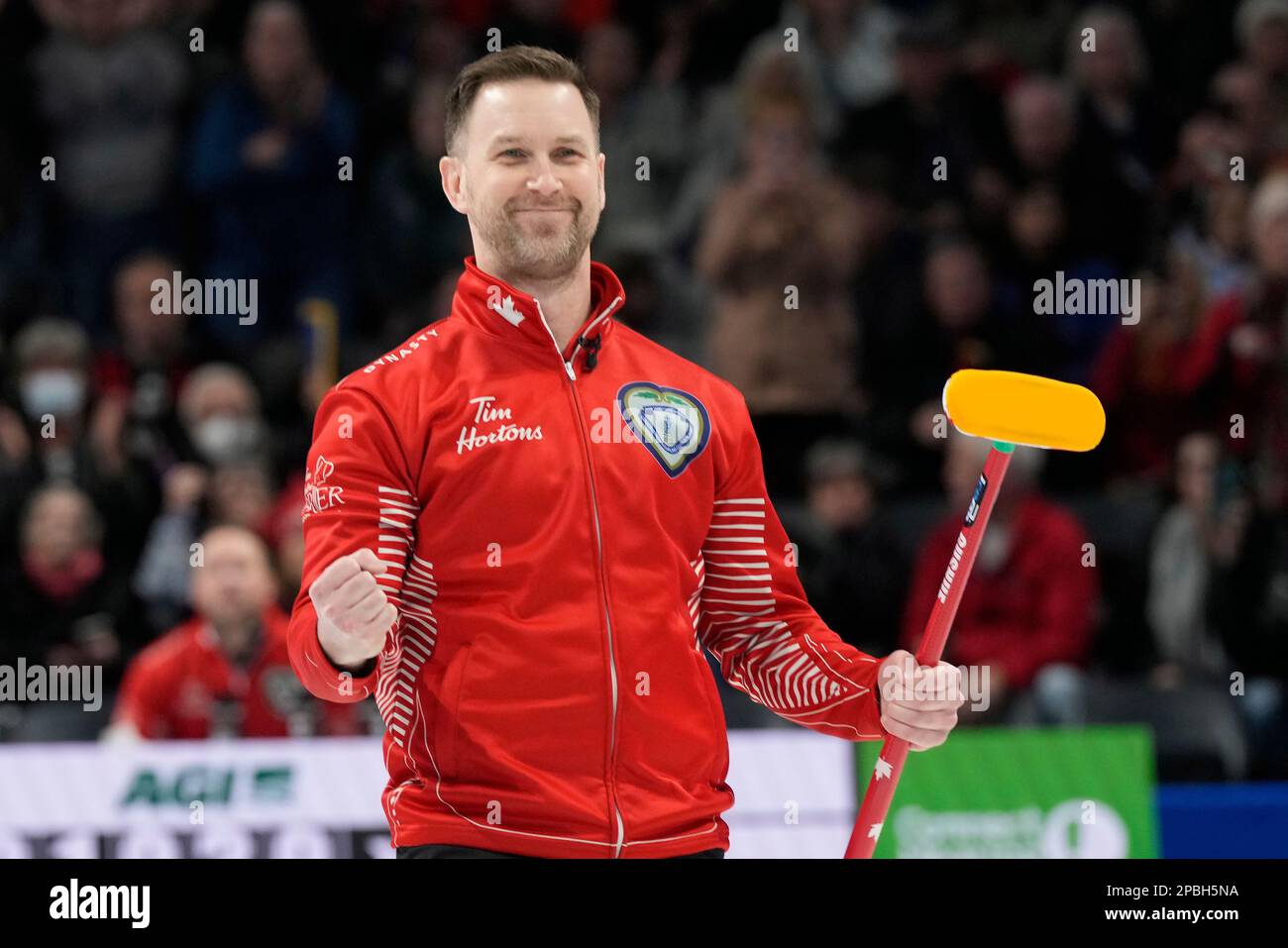 Team Canada skip Brad Gushue celebrates defeating Team Manitoba in the ...