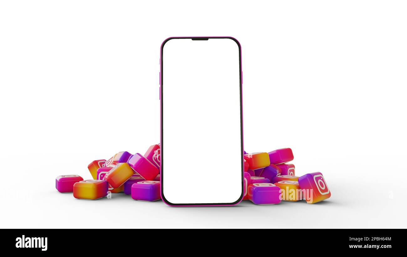 3D rendering of mobile phone with blank screen with Instagram logos ...