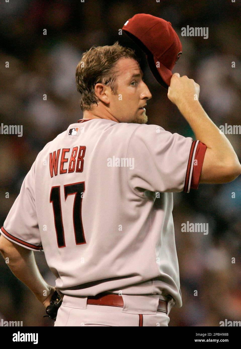 Arizona Diamondbacks starting pitcher Brandon Webb looks over his ...