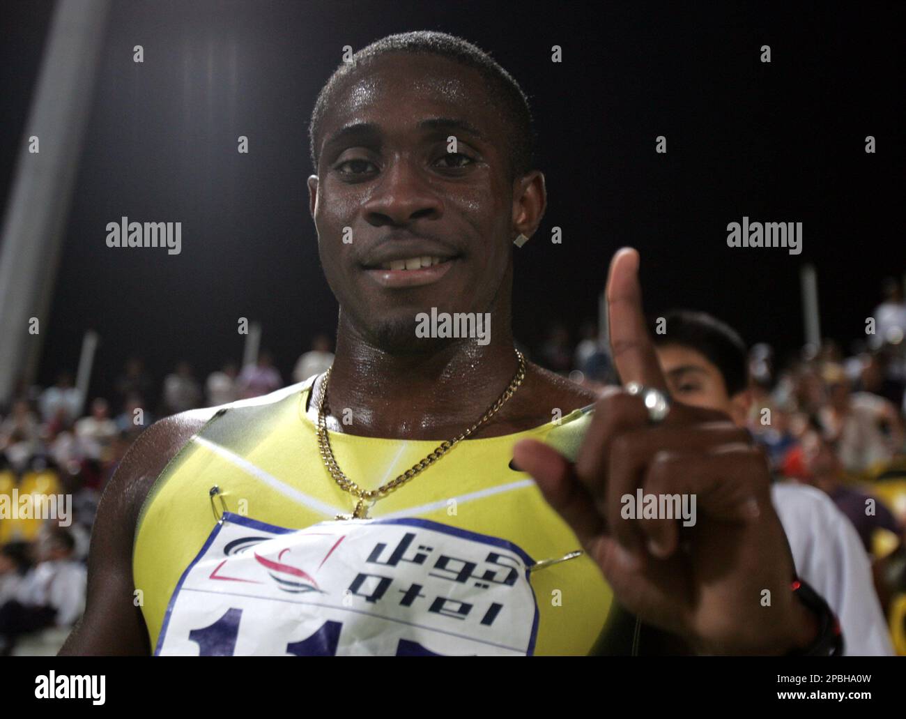 Darrell Brown from Trinidad celebrates after he wins the 100 meter race ...