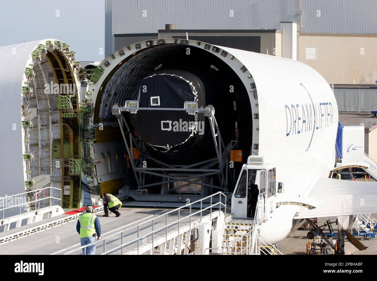 The rear fuselage section of the first Boeing 787 is delivered at Paine ...