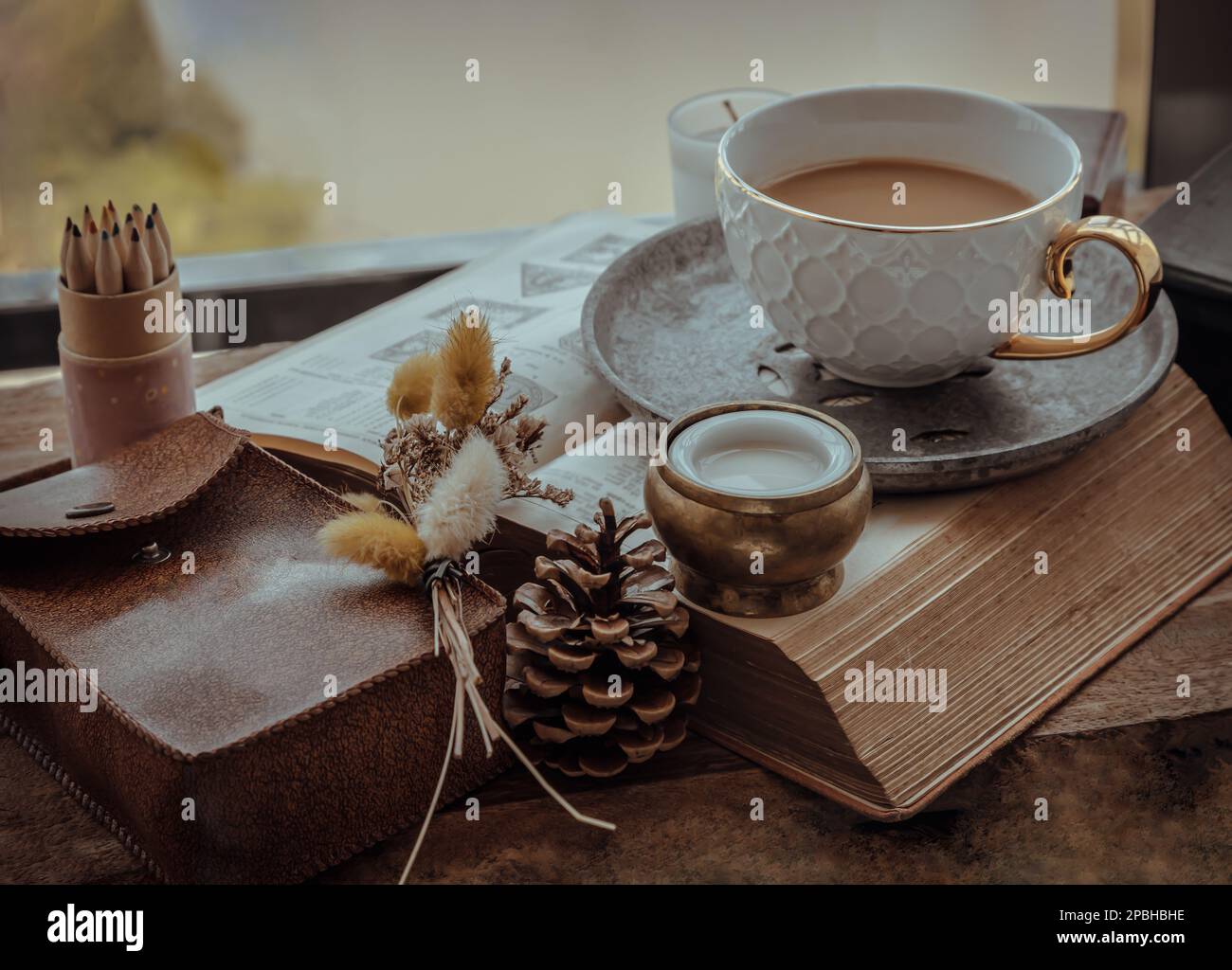 Morning refreshing with Hot coffee in ceramic cup served with Fresh ...