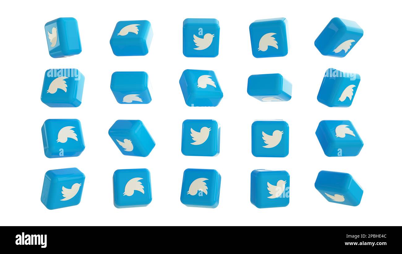 Set of 3D rendered twitter logos in different angles isolated on white ...