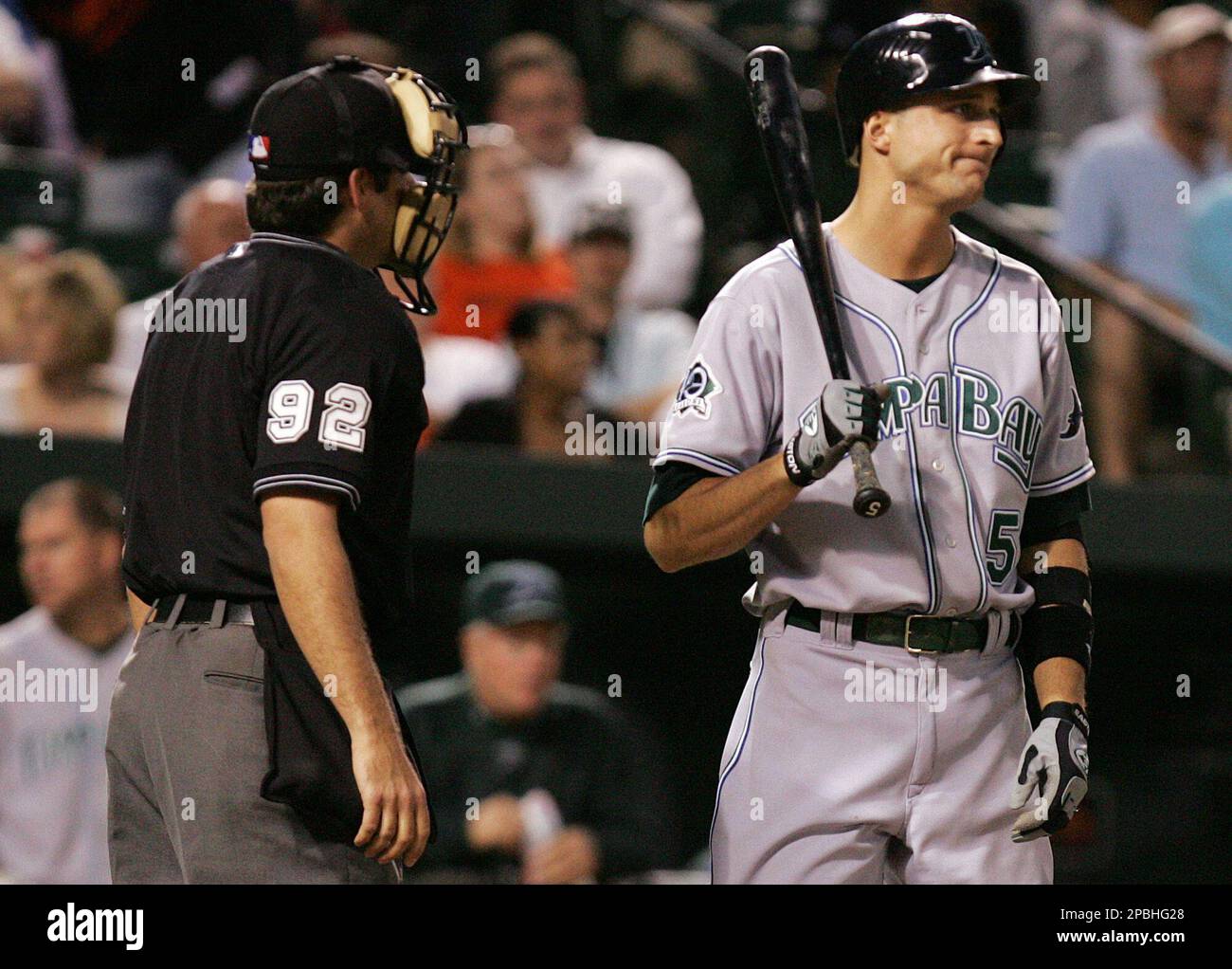 Tampa Bay Devil Rays' Rocco Baldelli (5) disagrees with home plate ...