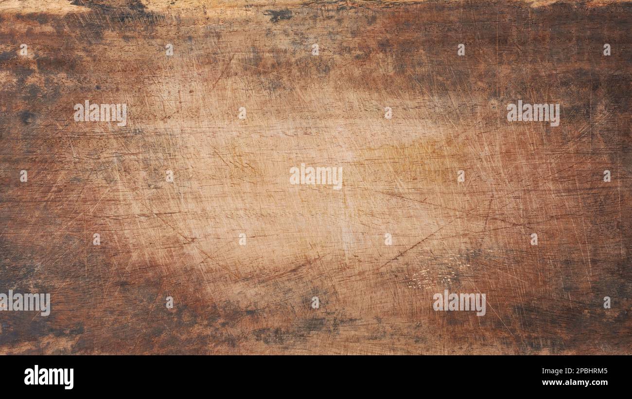 wooden chopping board background, old distressed scratched brown color ...