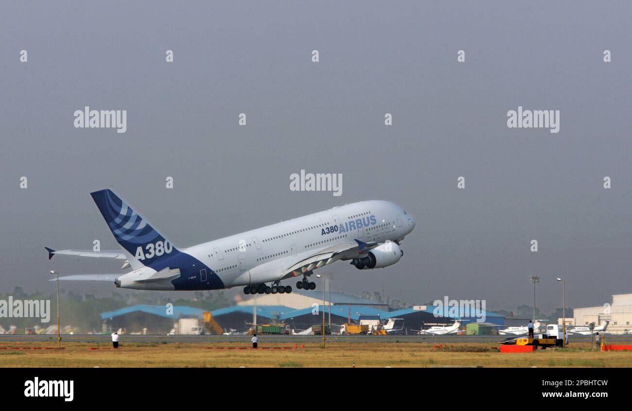 An Airbus A380 takes off during a special flight from the Indira Gandhi ...