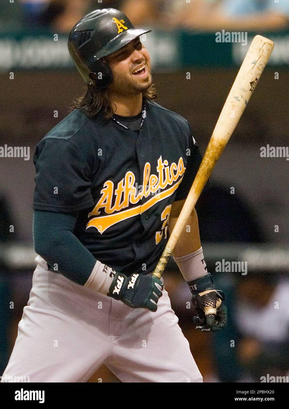 Oakland Athletics' Nick Swisher reacts to a called strike from Tampa ...