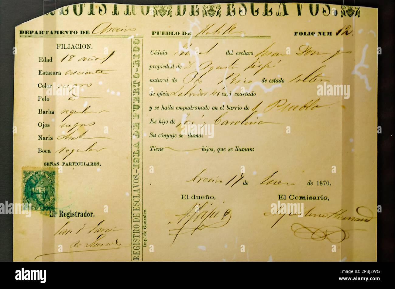 Slave registration dated 1870 is displayed at the “Spirits of the ...