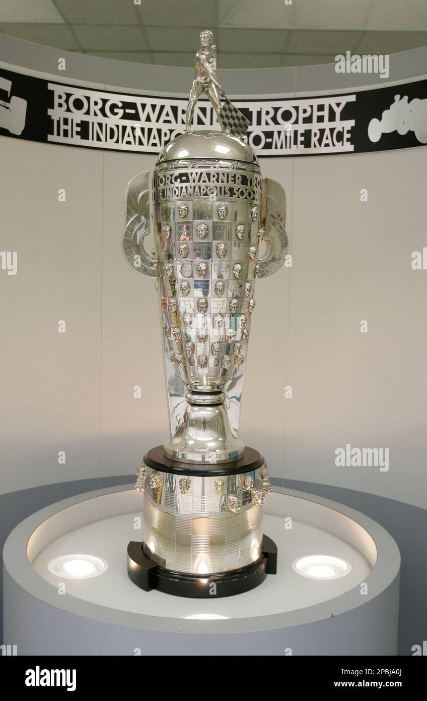 The Borg-Warner trophy sits on display at the Indianapolis Motor ...
