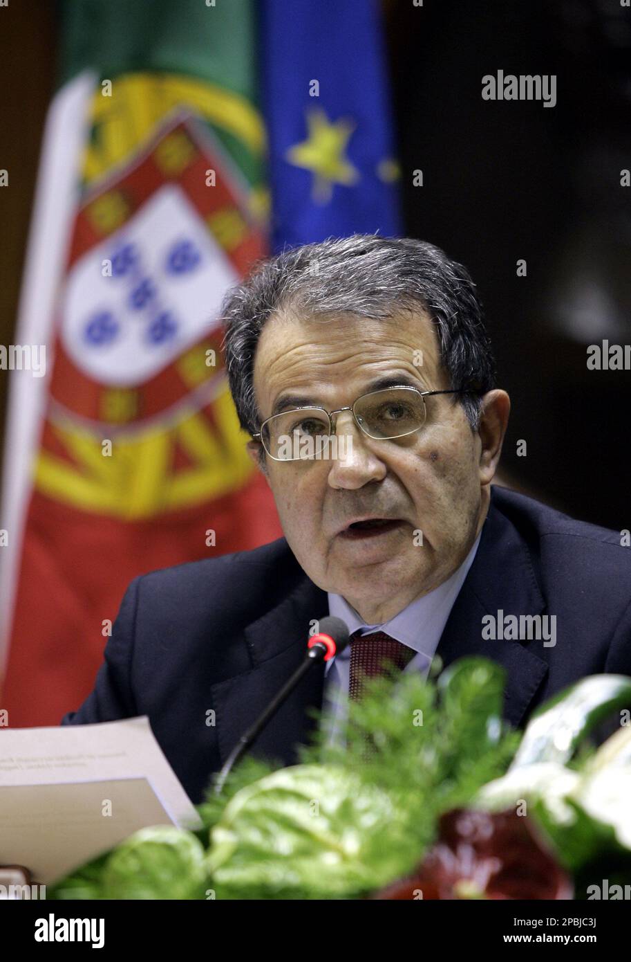 Italy's Prime Minister Romano Prodi delivers a speech at the Portuguese ...