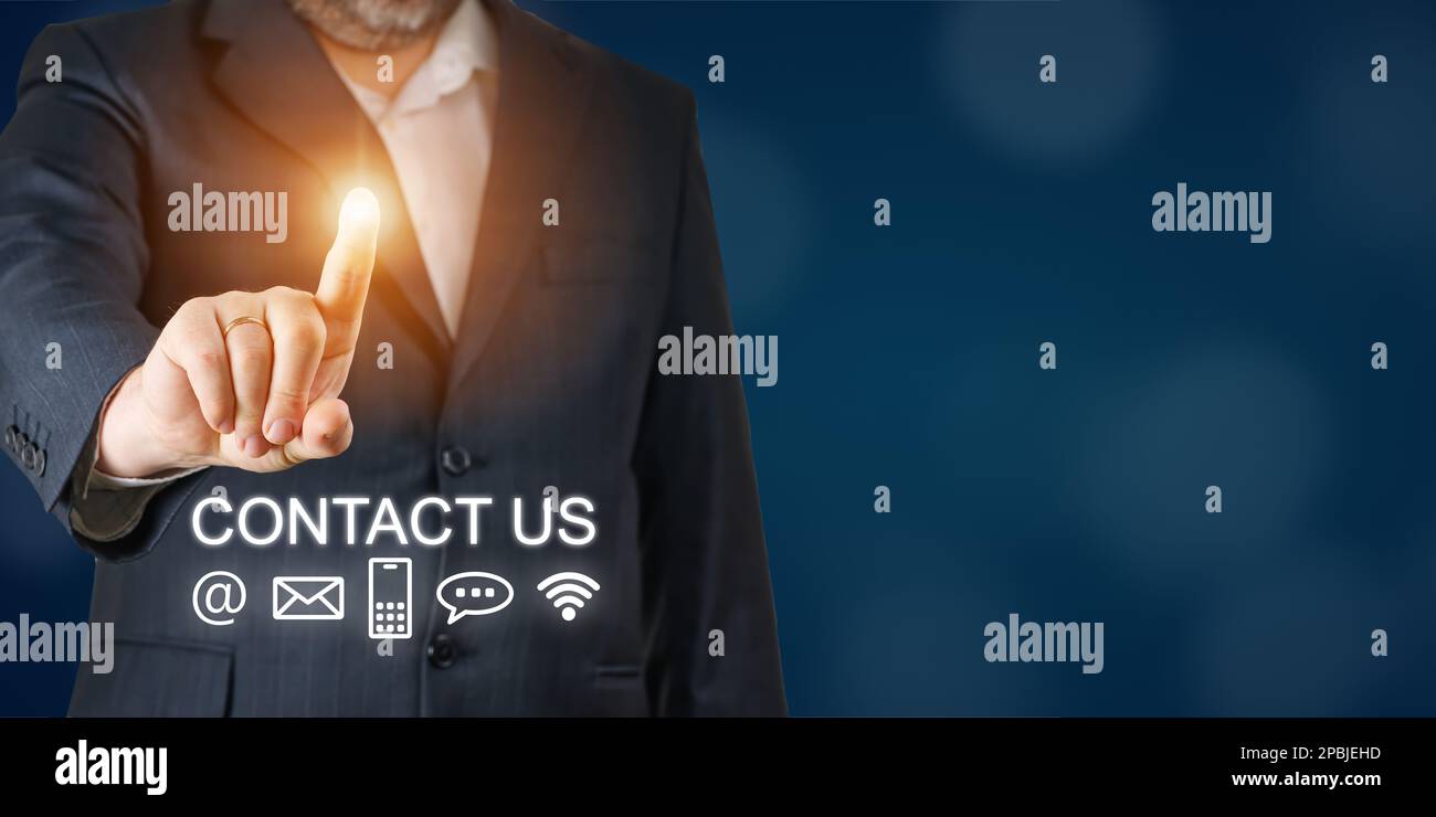 Businessman touching screen for contact us information. Contact us ...