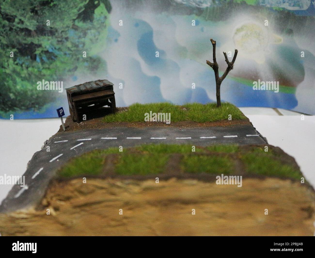 a close up of a diorama of a rice field scene and an old roadside house ...