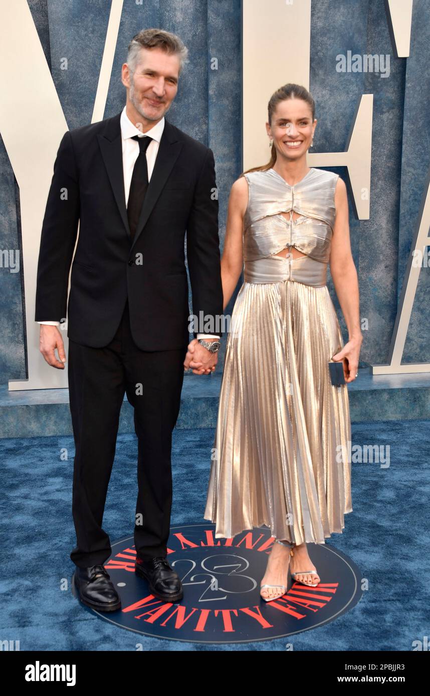 David Benioff, left, and Amanda Peet arrive at the Vanity Fair Oscar ...