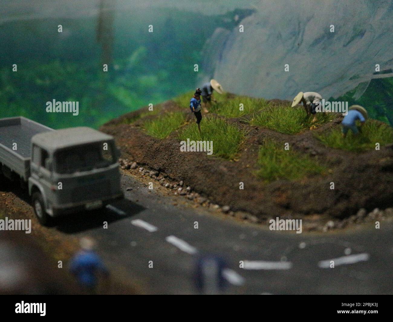 a miniature diorama of a rice field and a road as well as several ...