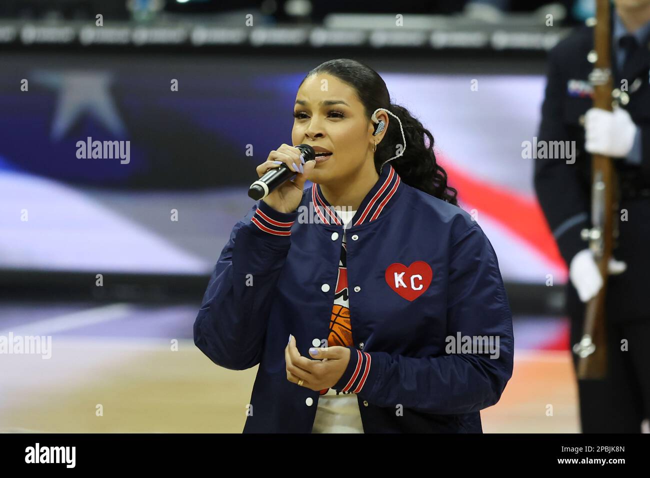KANSAS CITY, MO - MARCH 11: Jordin Sparks sings the national anthem before the Big 12 basketball ...