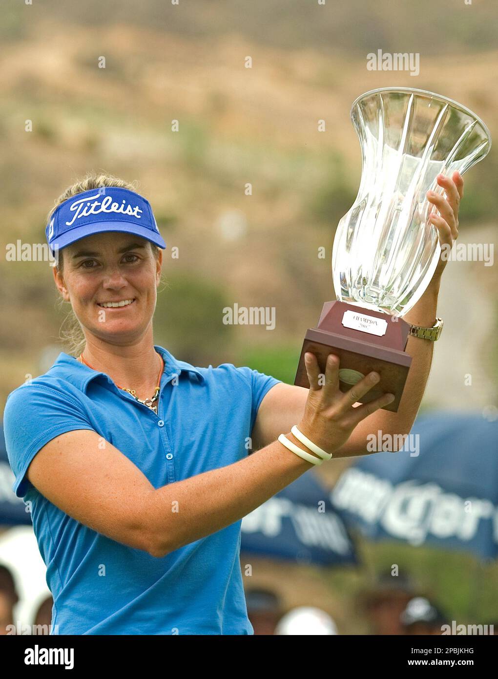 Italy's Silvia Cavalleri holds up the trophy after winning the LPGA ...