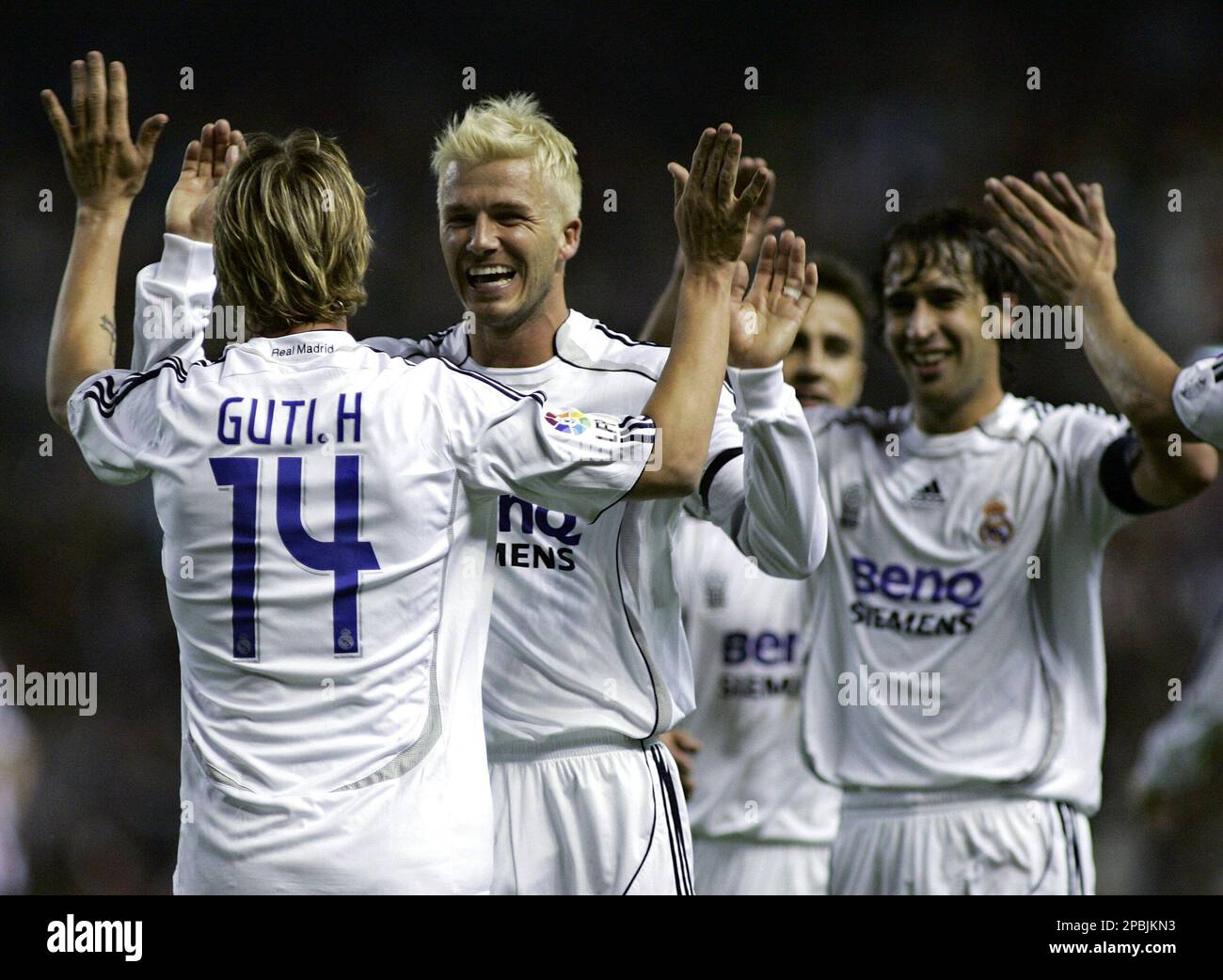 Real Madrid's Jose Maria Gutierrez 'Guti', left, celebrates with David ...