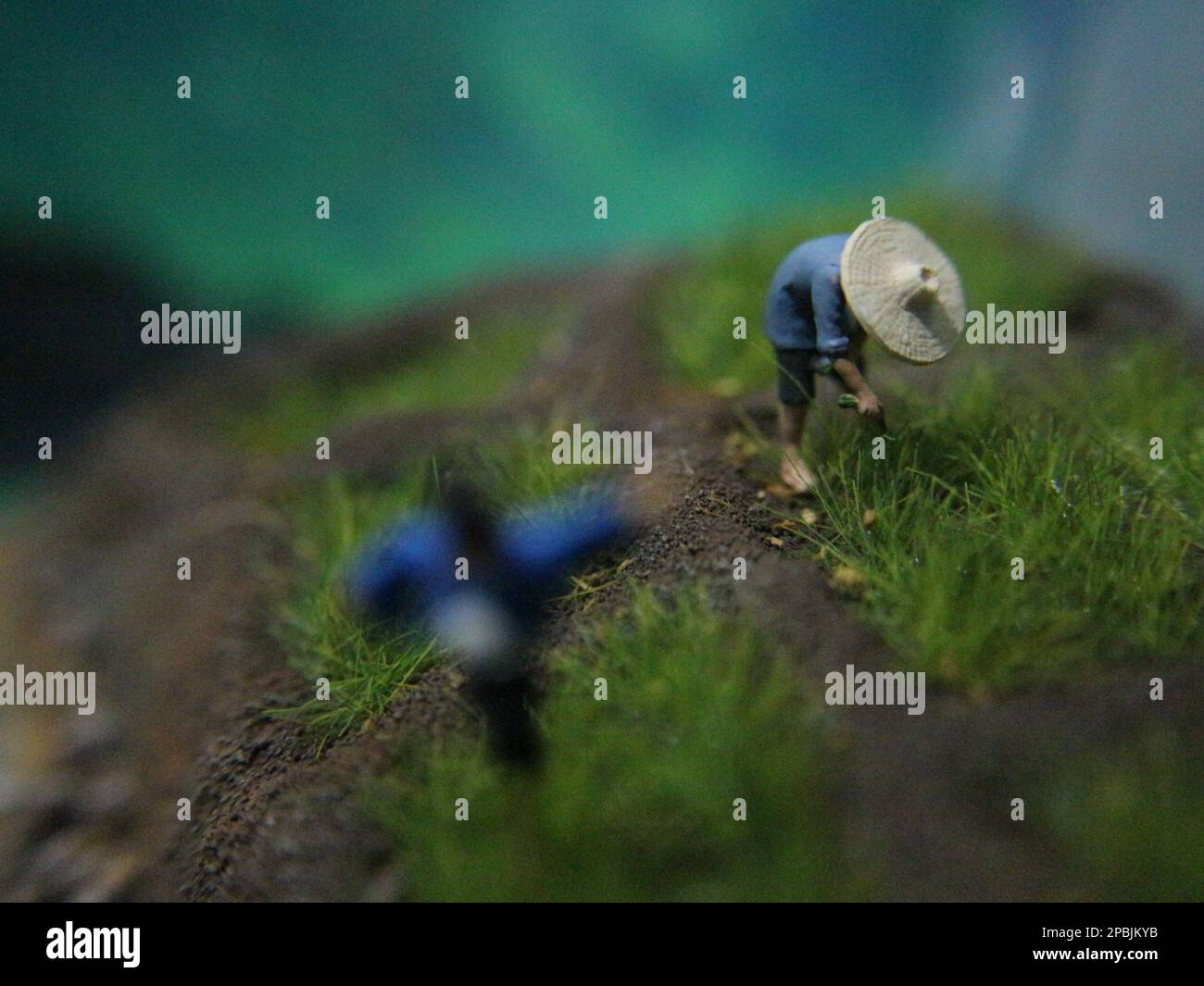 a close up of miniature figures of farmers planting rice. Farming photo ...