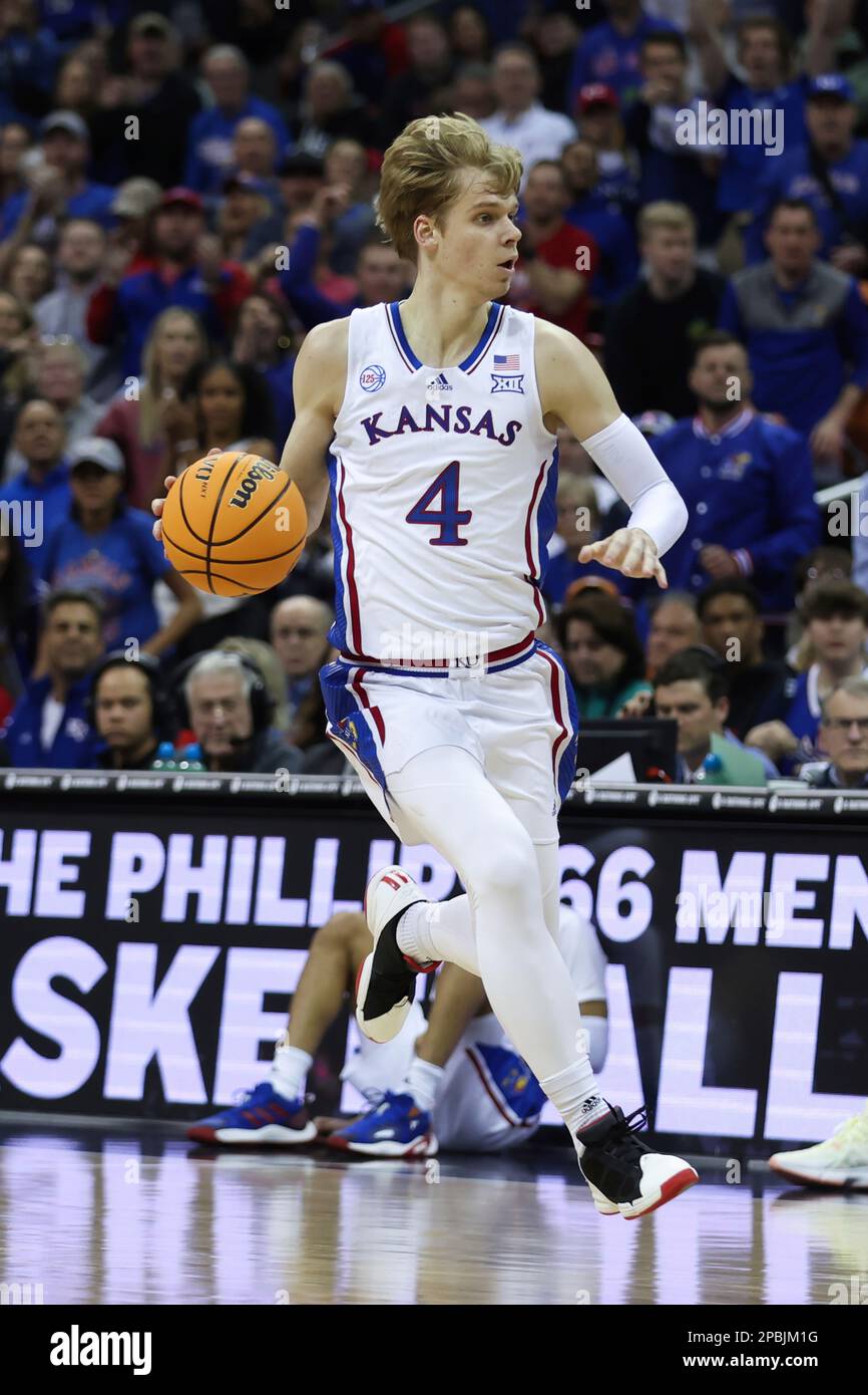 KANSAS CITY, MO - MARCH 11: Kansas Jayhawks guard Gradey Dick (4) brings the ball up court in ...