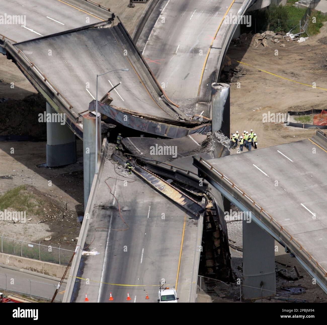 Aerial view of the freeway interchange that funnels traffic off the San ...
