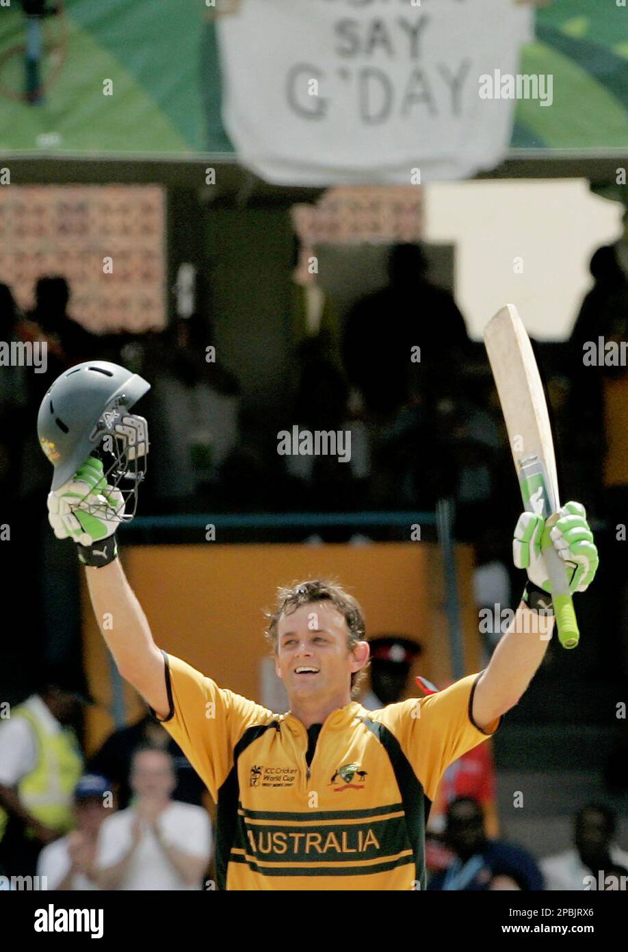 Australia's Adam Gilchrist celebrates reaching his century during the ...