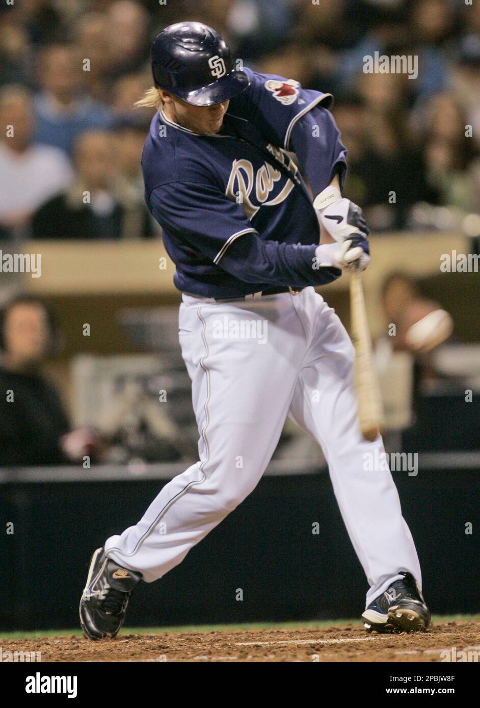San Diego Padres' Khalil Greene hits a deep fly to right field to drive ...