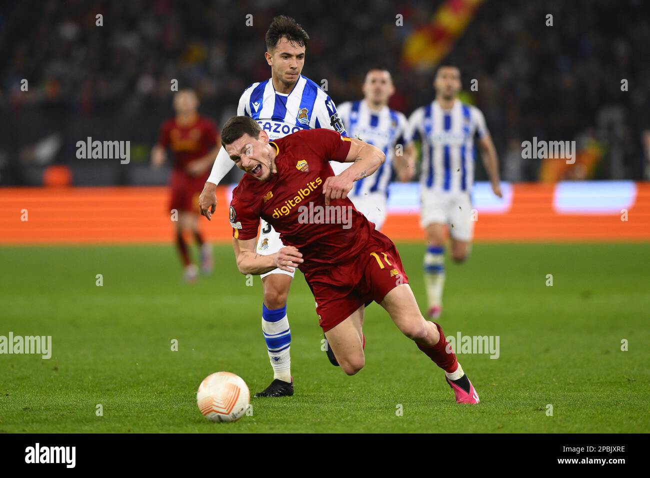 Andrea Belotti of A.S. Roma and Martin Zubimendi of Real Sociedad de ...