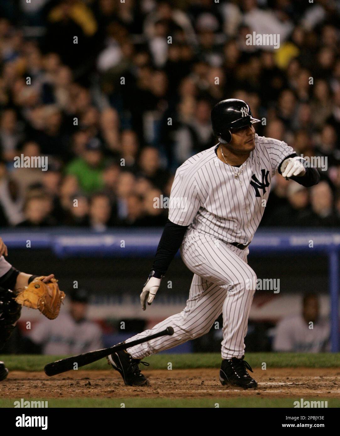 New York Yankees' Bobby Abreu breaks out of the batters box upon ...