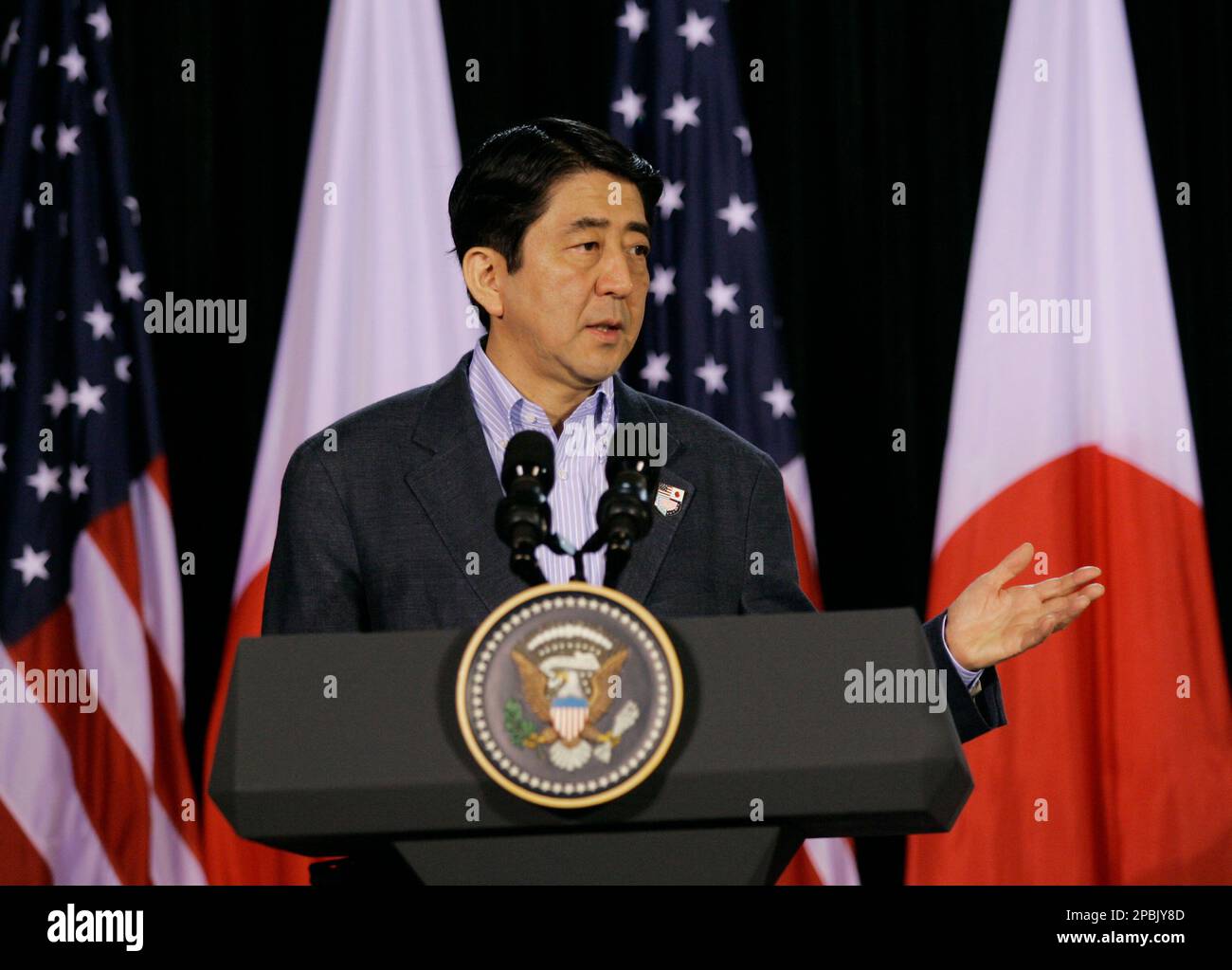 Japanese Prime Minister Shinzo Abe gestures during a joint press ...