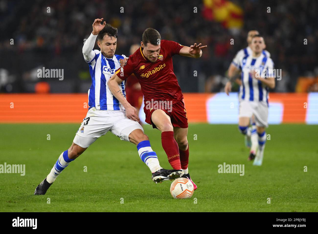 Andrea Belotti of A.S. Roma and Martin Zubimendi of Real Sociedad de ...