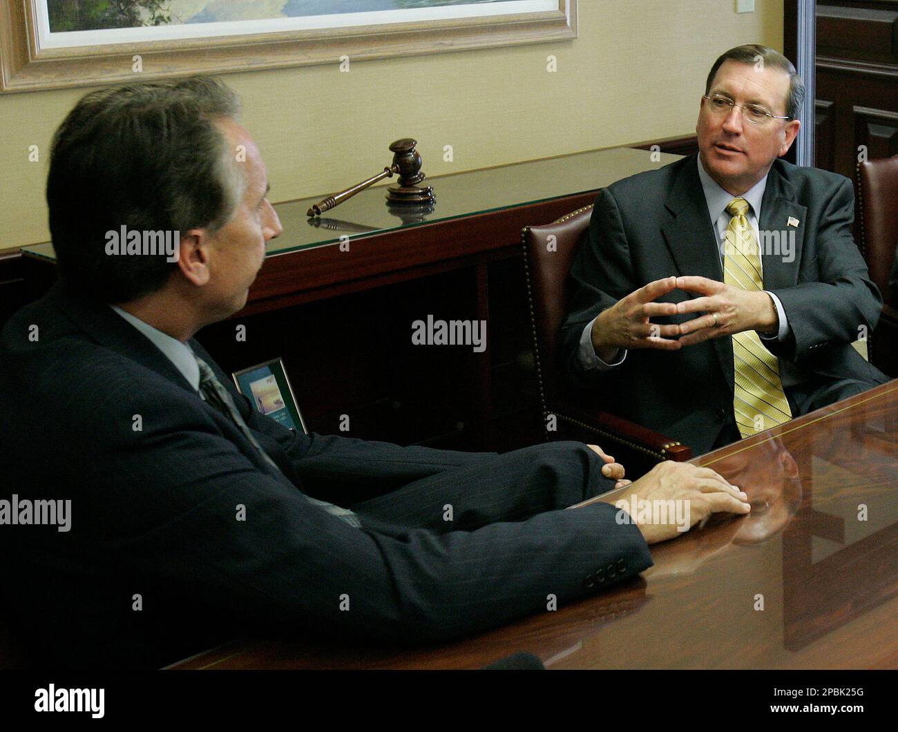 Senate President Ken Pruitt, R-Port St. Lucie, right, meets with St ...