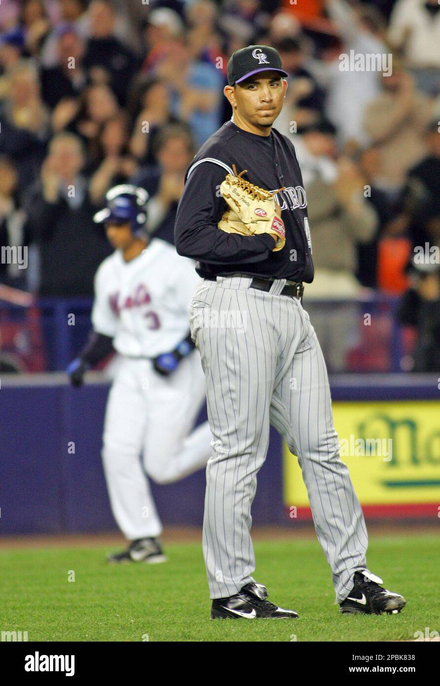 Colorado Rockies' Brian Fuentes reacts as New York Mets' Damion Easley ...