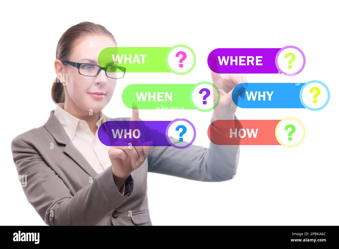 Concept of many different questions asked with the businesswoman Stock ...