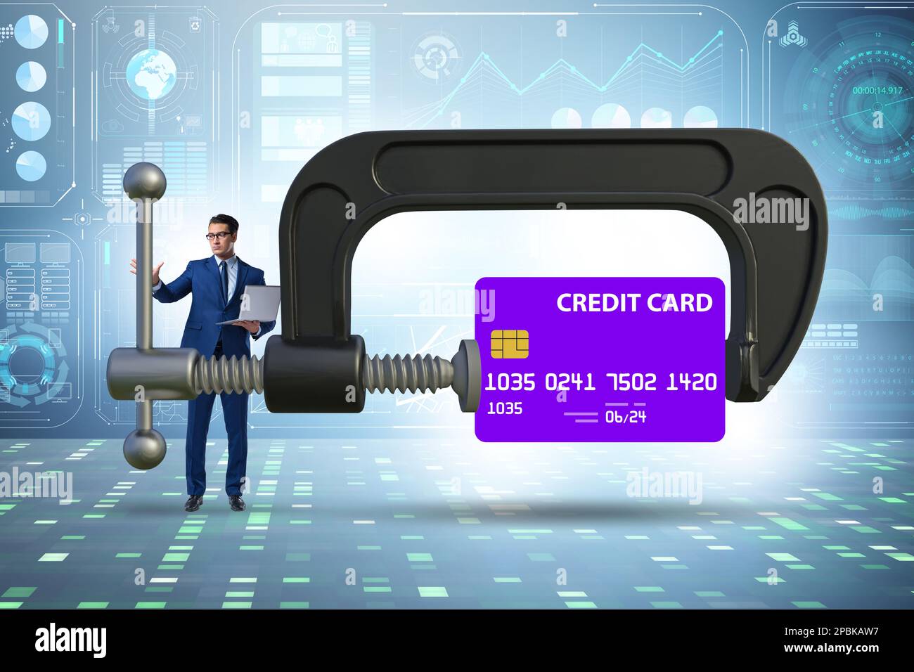Concept of credit card debt with the clamp and businessman Stock Photo ...