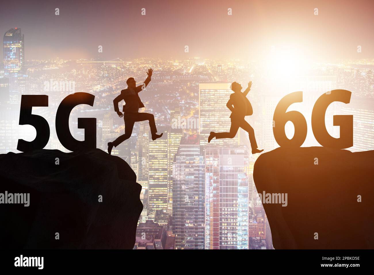 Concept of moving from 5g technology to 6g with jumping people Stock ...