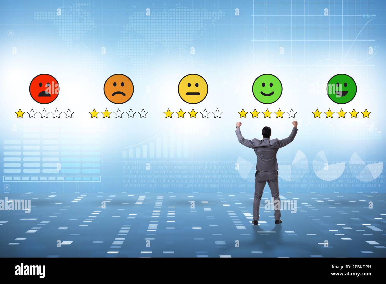 Illustration of customer feedback with the faces and businessman Stock ...