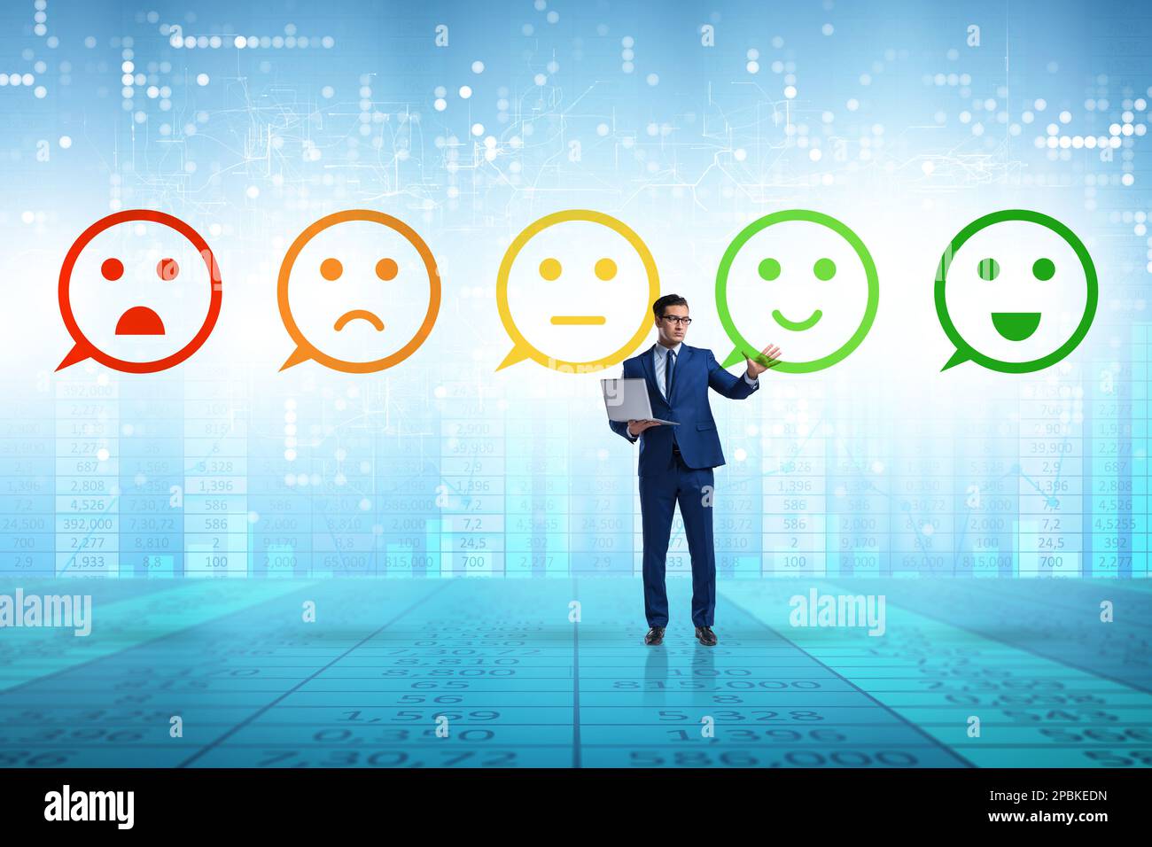 Illustration of customer feedback with the faces and businessman Stock ...