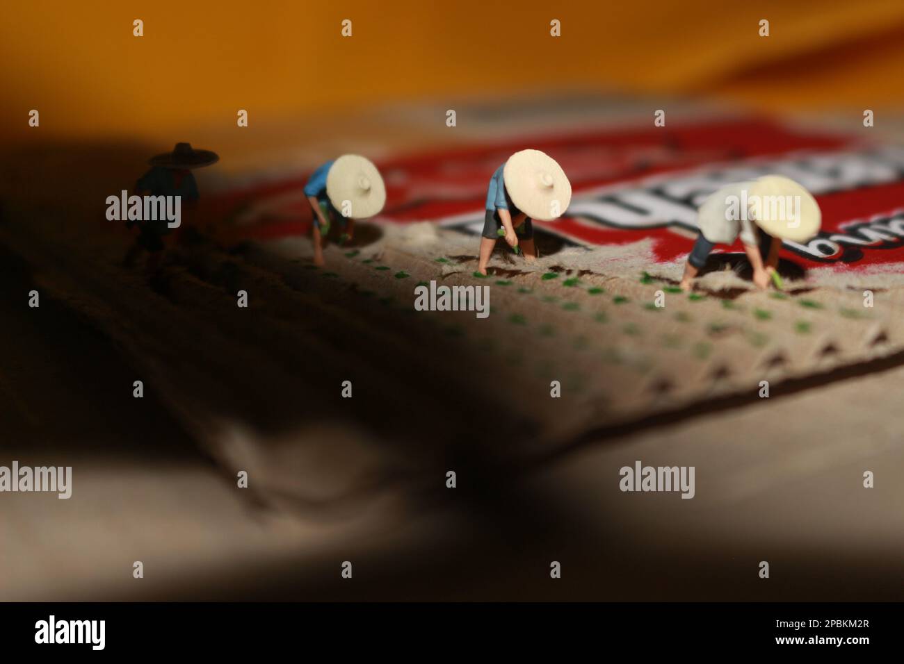 a close up of miniature figures of farmers who are farming on cardboard ...