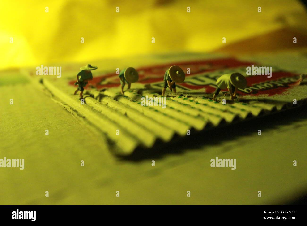 a close up of miniature figures of farmers who are farming on cardboard ...